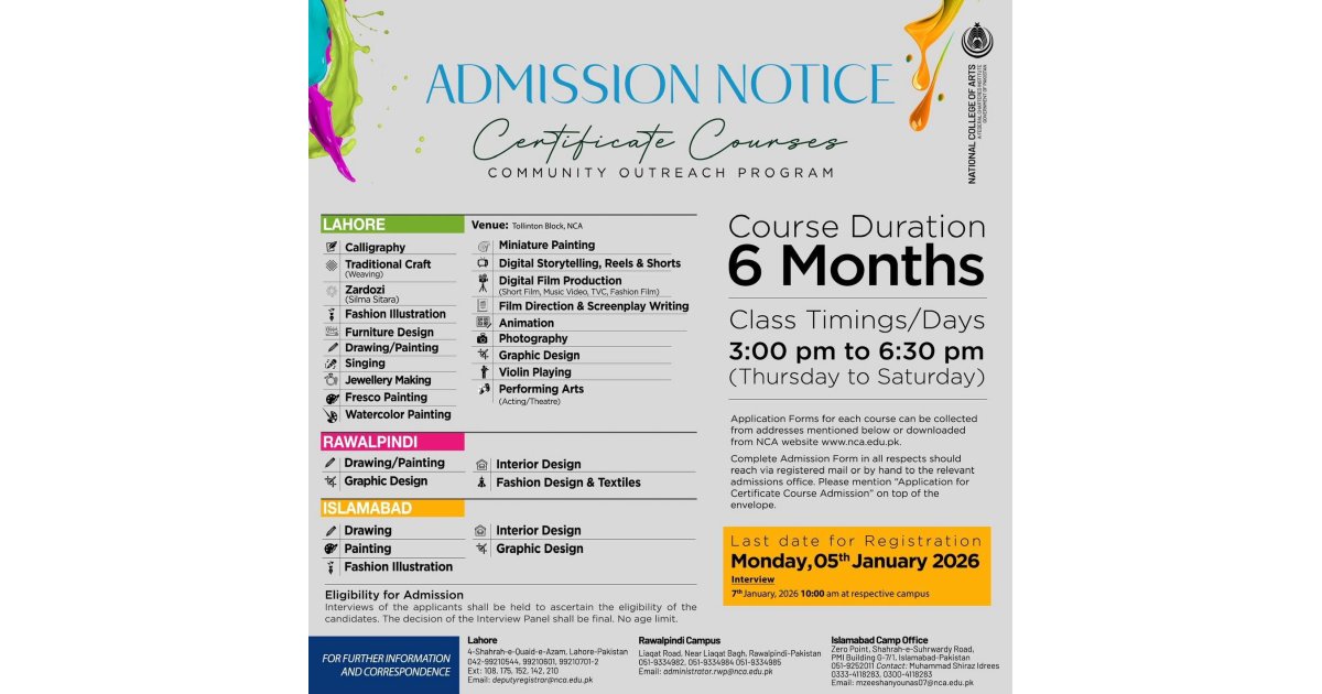 National College of Arts Lahore NCA Admission 2026