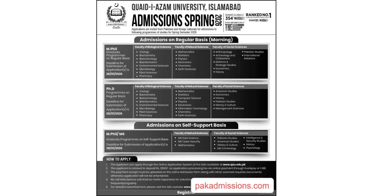 Quaid-i-Azam University Islamabad QAU Admission 2026