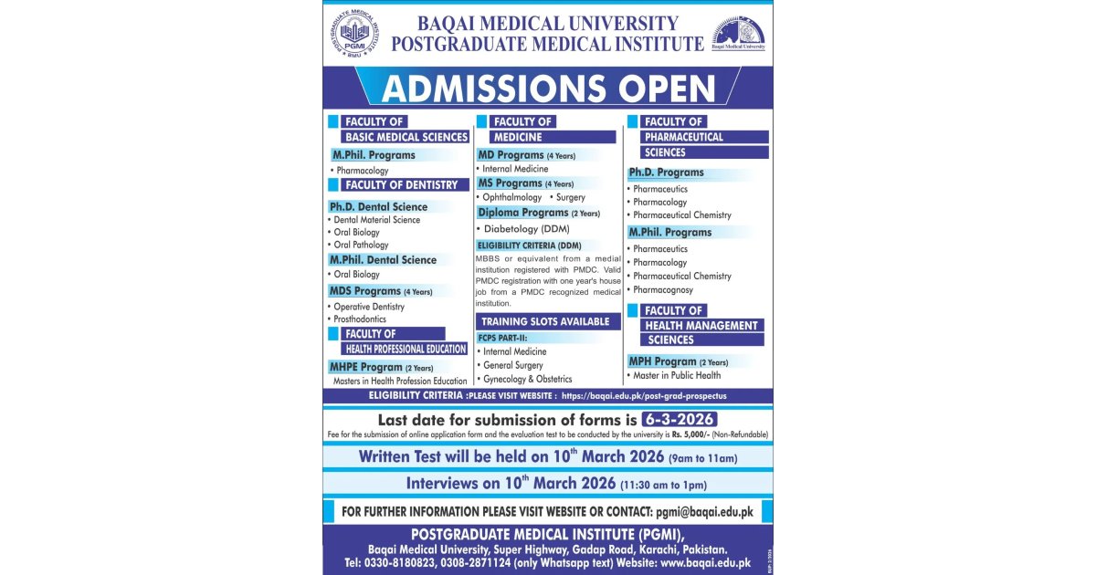 Baqai Medical University Karachi BMU Admission 2026