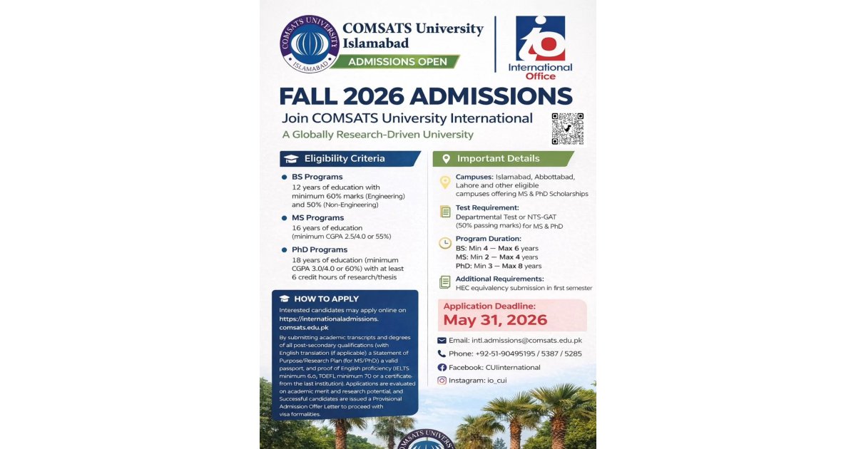 COMSATS University Islamabad COMSATS Admission for Foreign Students 2026