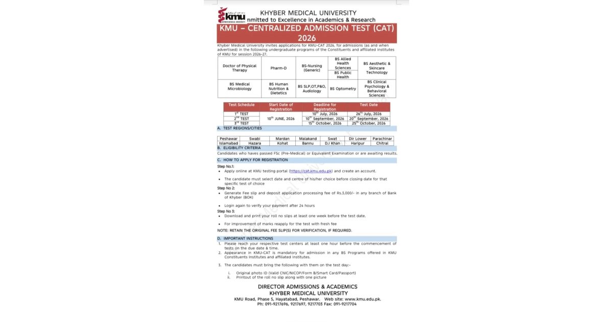 Khyber Medical University Peshawar KMU KMU Centralized Admission Test 2026