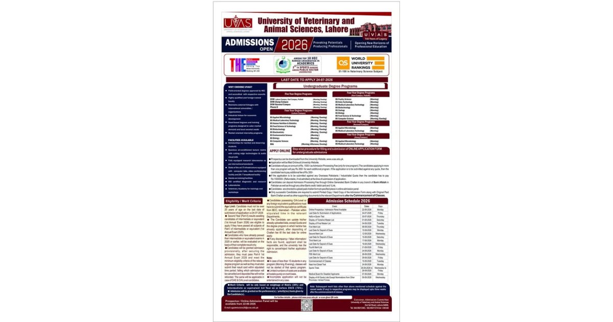 University of Veterinary & Animal Sciences UVAS UG Fall Admissions 2026