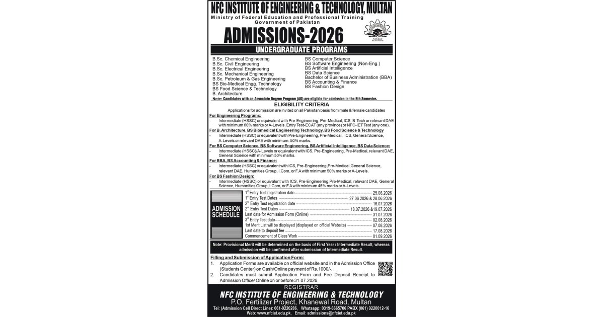 NFC Institute of Engineering & Technology (NFC-IET) Multan Admissions ...