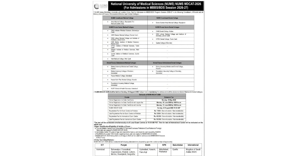 NUMS MDCAT 2026 Schedule | Latest Notice