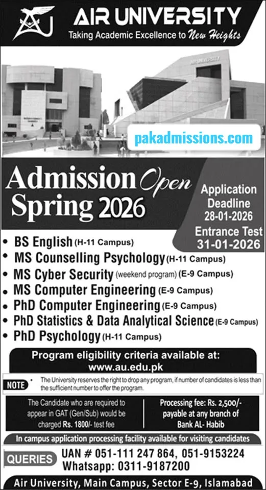 Air University Islamabad (AU) Admission Admission Spring 2026 ...