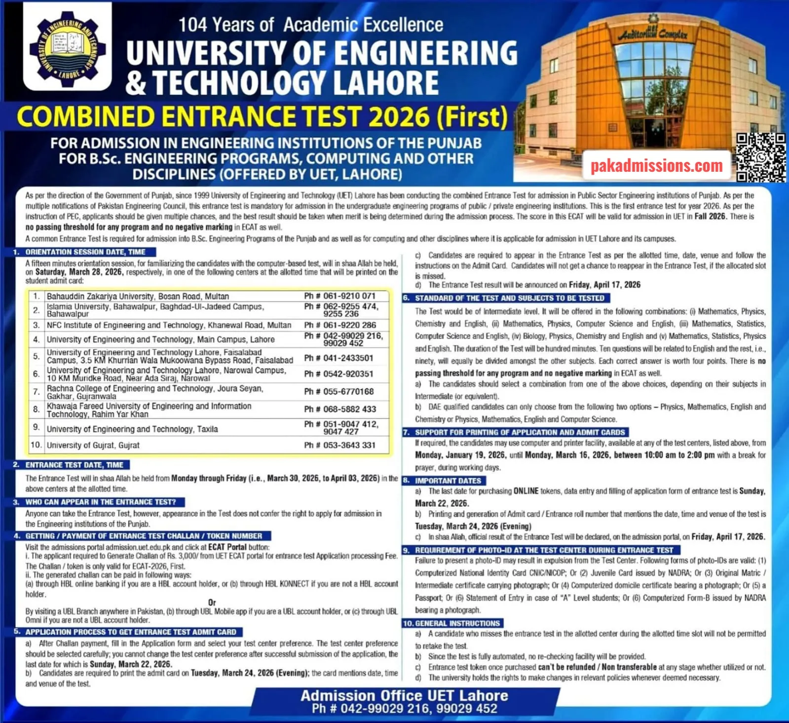University of Engineering & Technology (UET Lahore) Admission Combined ...