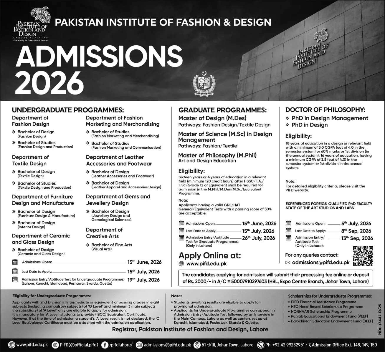 Pakistan Institute of Fashion & Design PIFD Fall Admission 2026