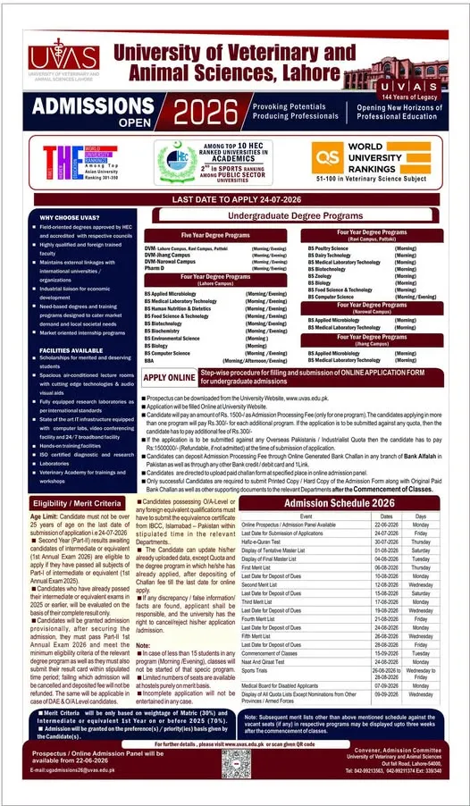 UVAS NAROWAL UG Fall Admissions 2026