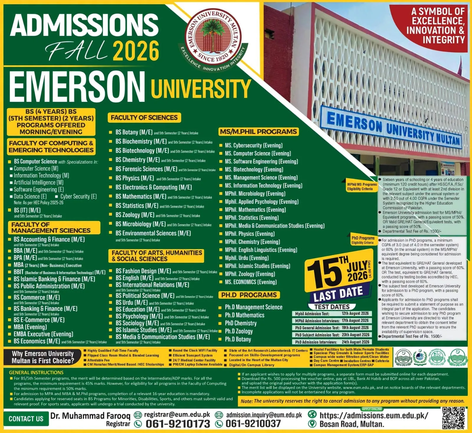 Bahauddin Zakariya University Multan UG Fall Admissions 2026