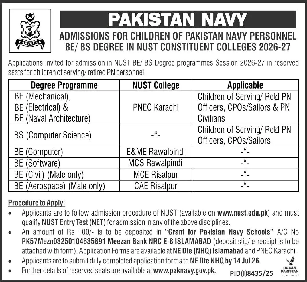 Pak Navy Admission 2026 for NUST | Latest Notice